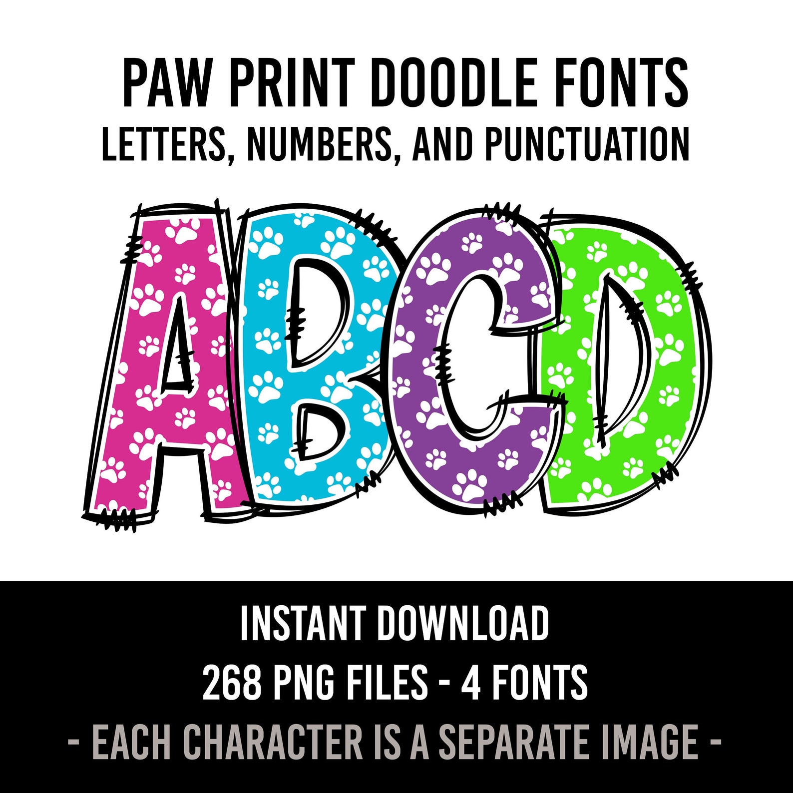 Paw Print Alphabet, Dog Doodle Font, Paw Print Background, Dog Letters ...