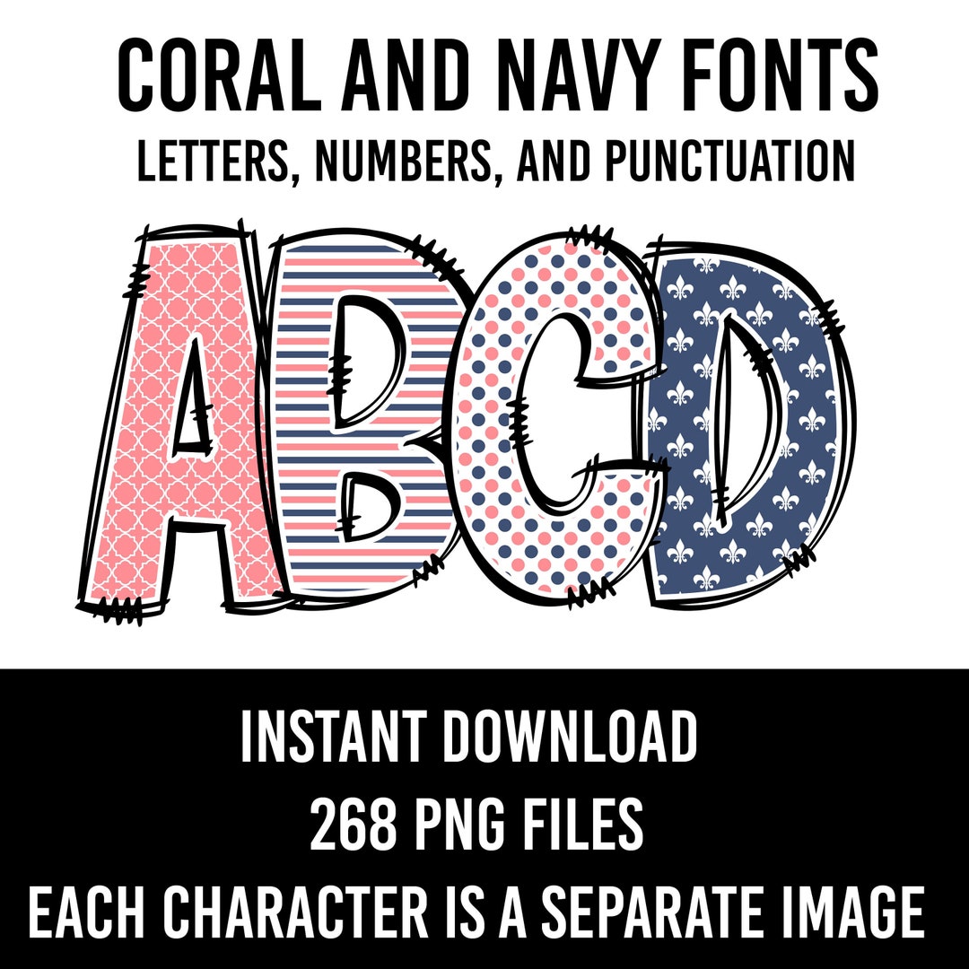 Navy and Coral Doodle Font PNG Navy Polka Dot Blue Anchors Pink Stripes ...