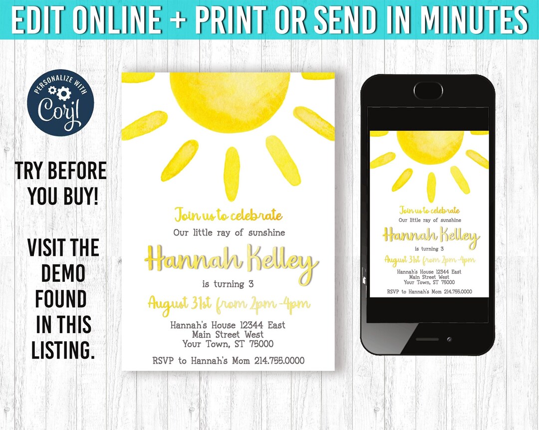 Sunshine Invitation 5x7 Sun Birthday Invitation YOU EDIT and Print ...
