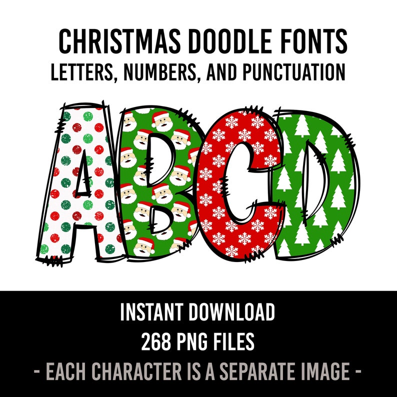 Four Christmas Alphabet Doodle Font Santa Letters Holiday Numbers PNG ...