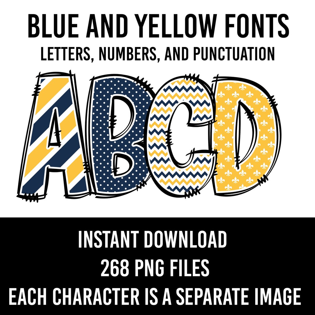 Yellow and Blue Doodle Font Navy Polka Dot Chevron Fleur De Lis Stripes ...