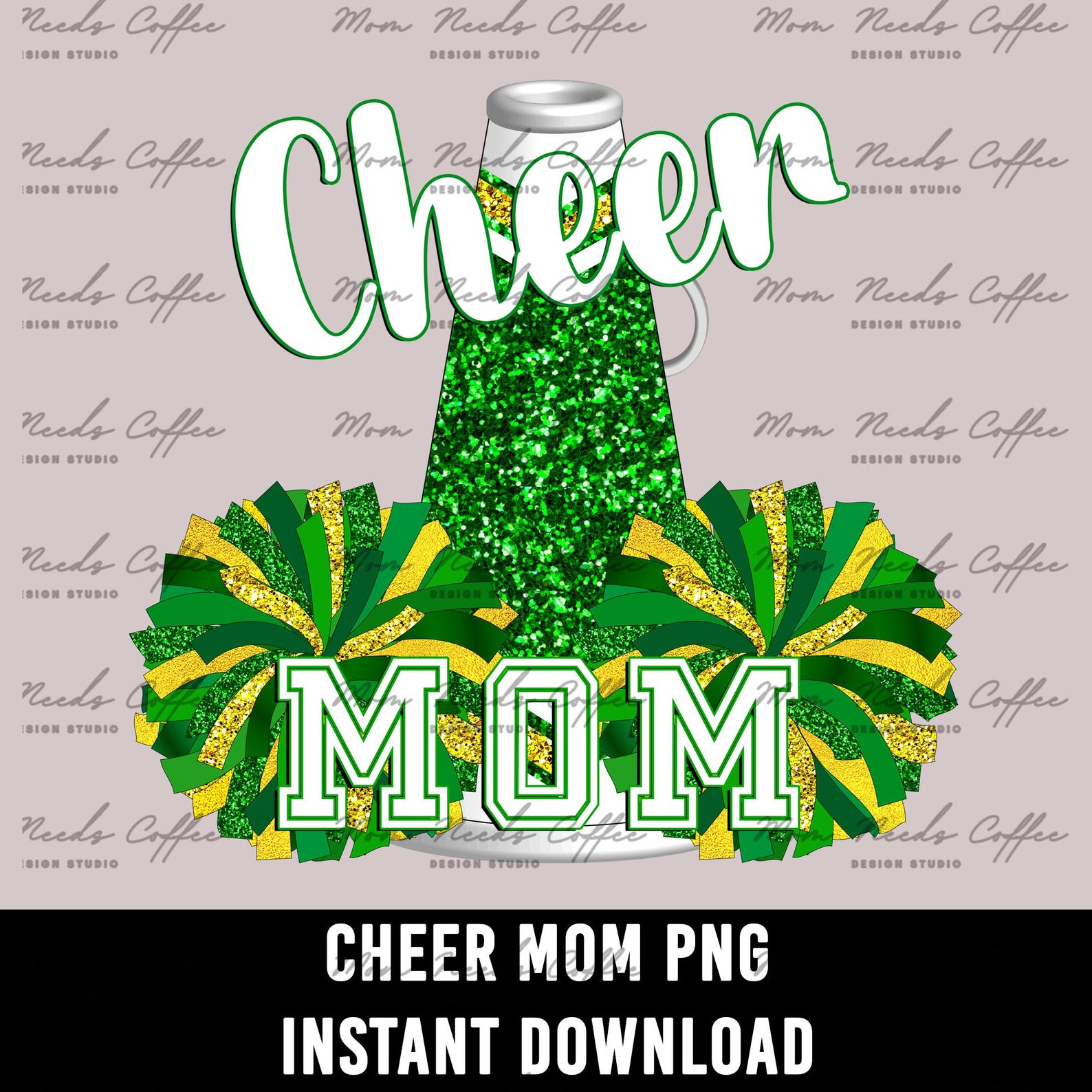 Green and Gold Cheer Mom PNG, Cheer Png, Pom Poms and Megaphone, Print ...