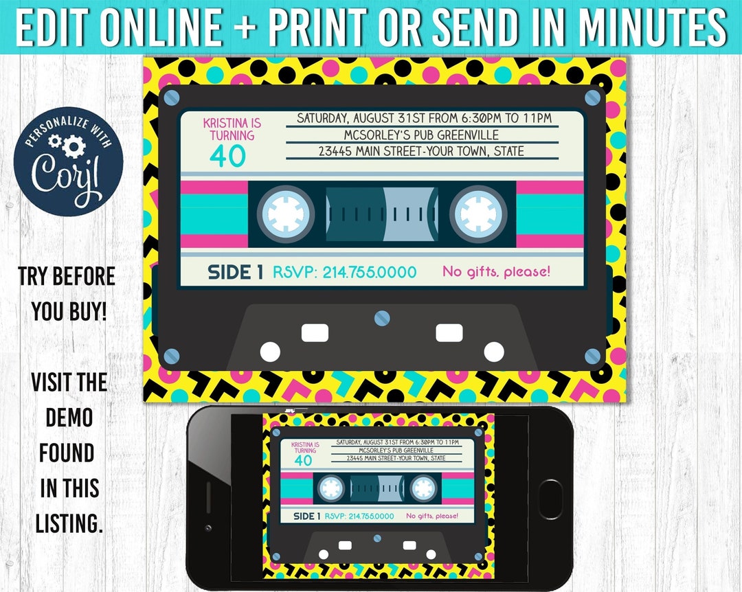 90s Invitation, Mix Tape Invite, 80s Birthday Party, Retro Party Decor ...
