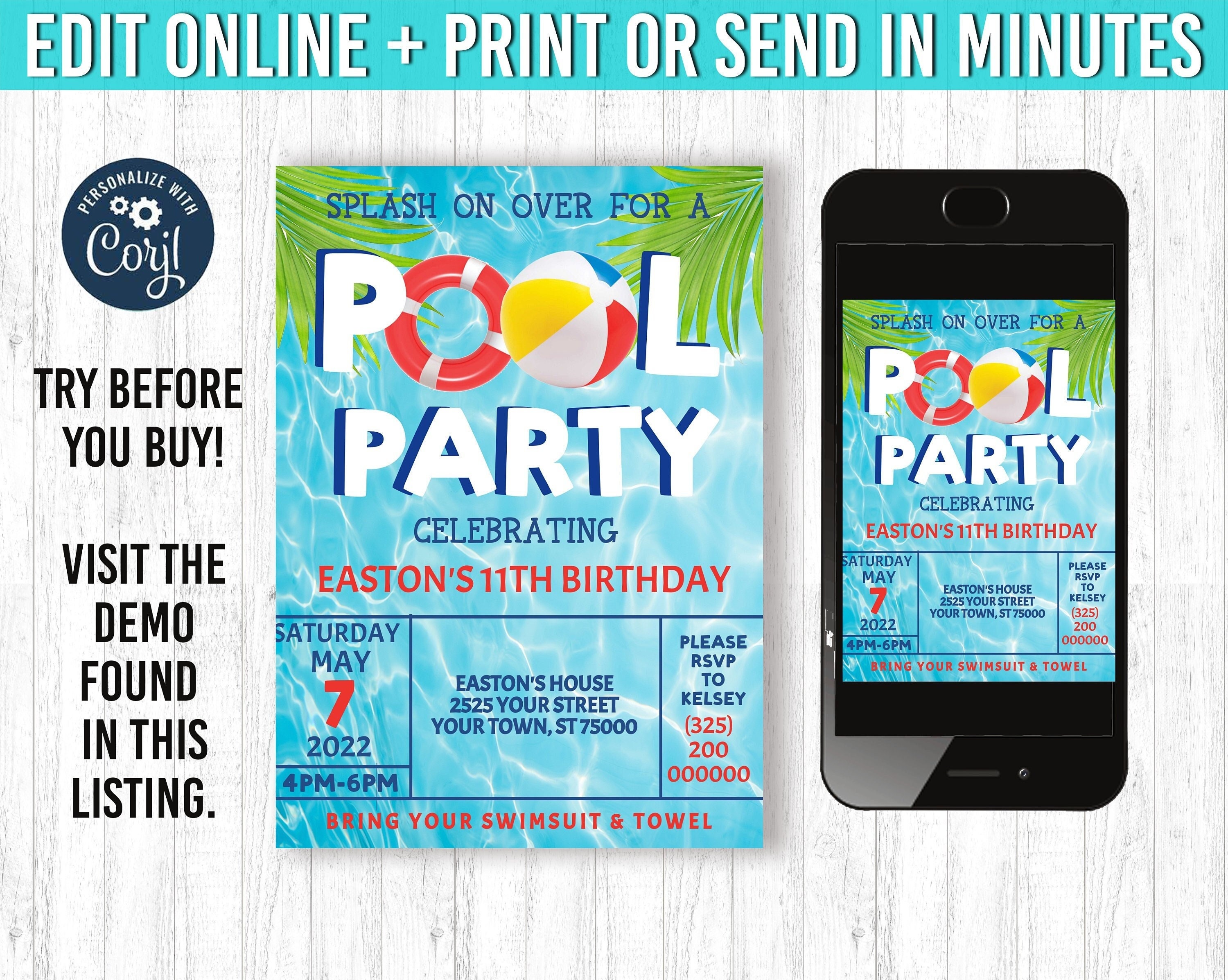 Pool Party Invitation 5x7 Pool Invitation YOU EDIT and Print Pool Party ...