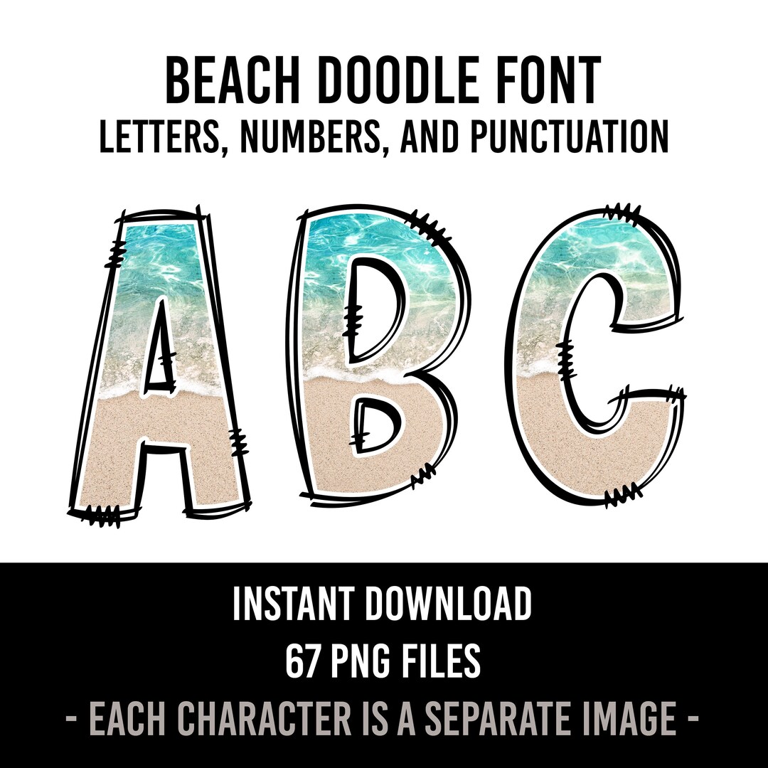 Beach Alphabet Doodle Font, Summer Letters, Numbers PNG Font, Beach ...
