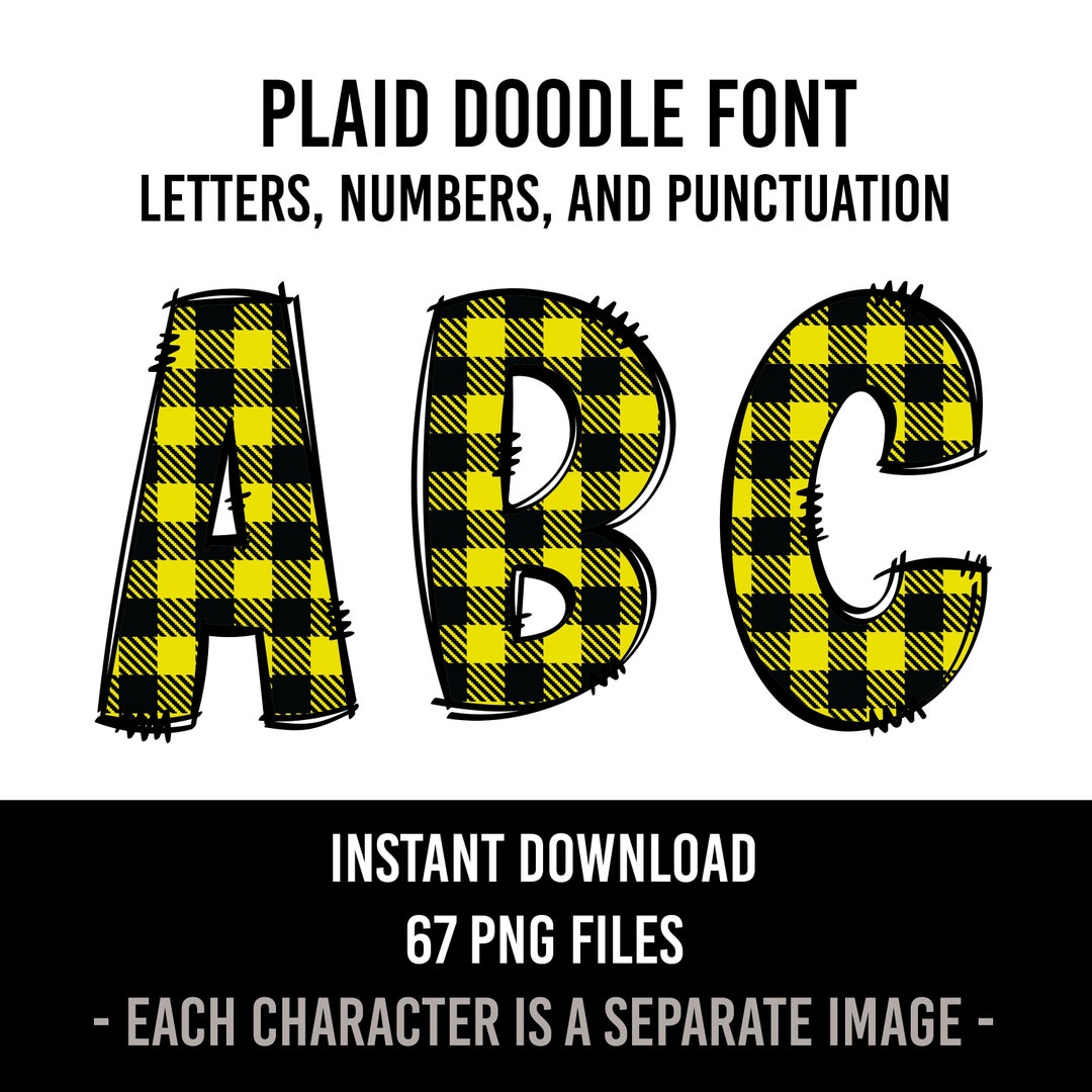 Yellow Plaid Print Alphabet Doodle Font Letters Buffalo Plaid Print ...