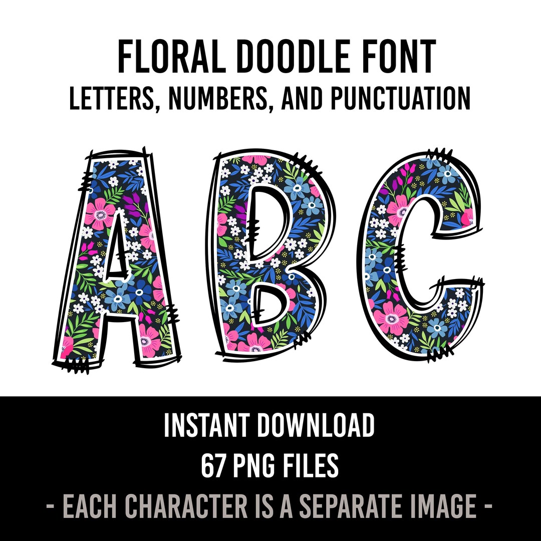Retro Flower Alphabet Doodle Font Letters Floral Numbers PNG Font ...