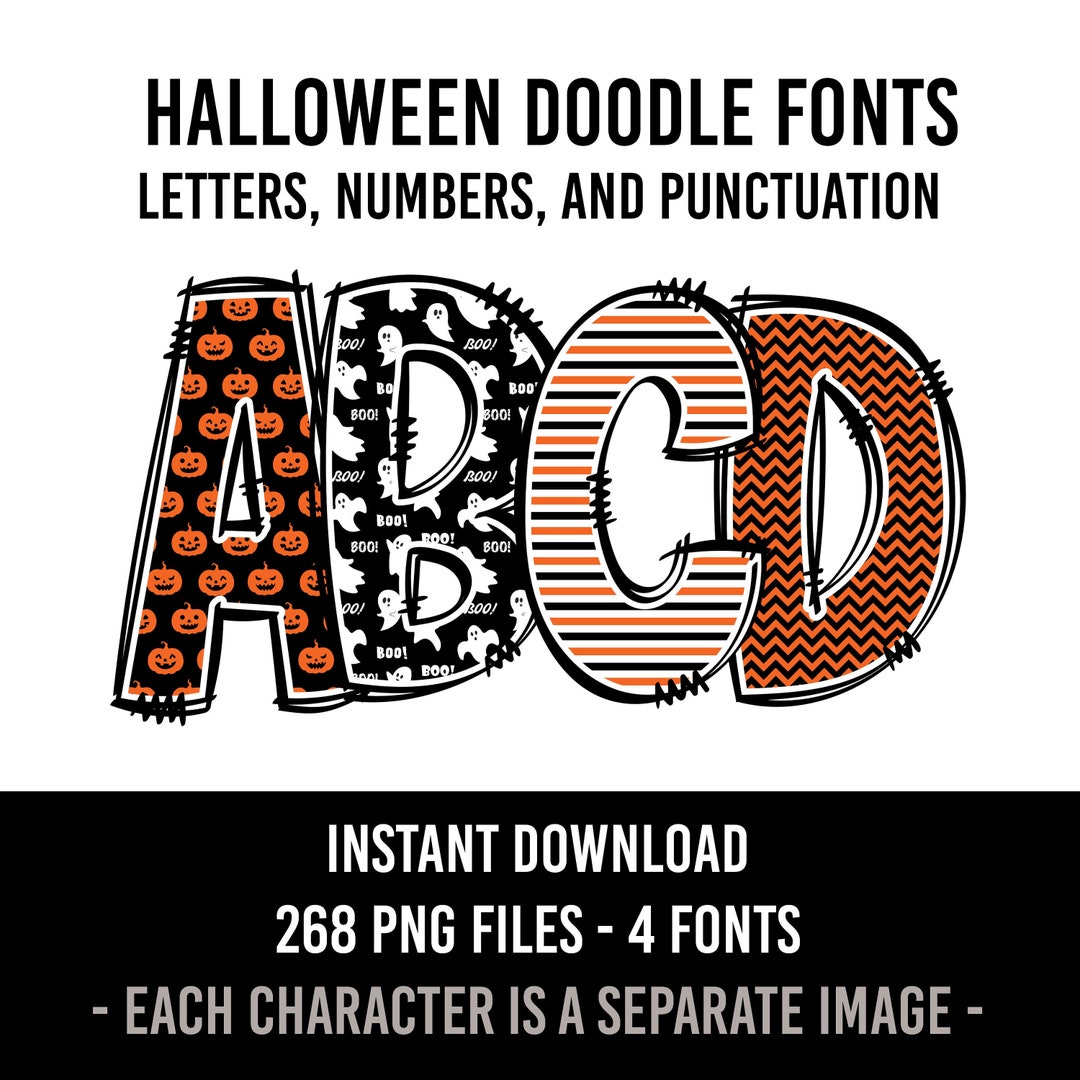 Halloween Alphabet Doodle Font Letters Pumpkin Alpha Ghost Numbers PNG ...