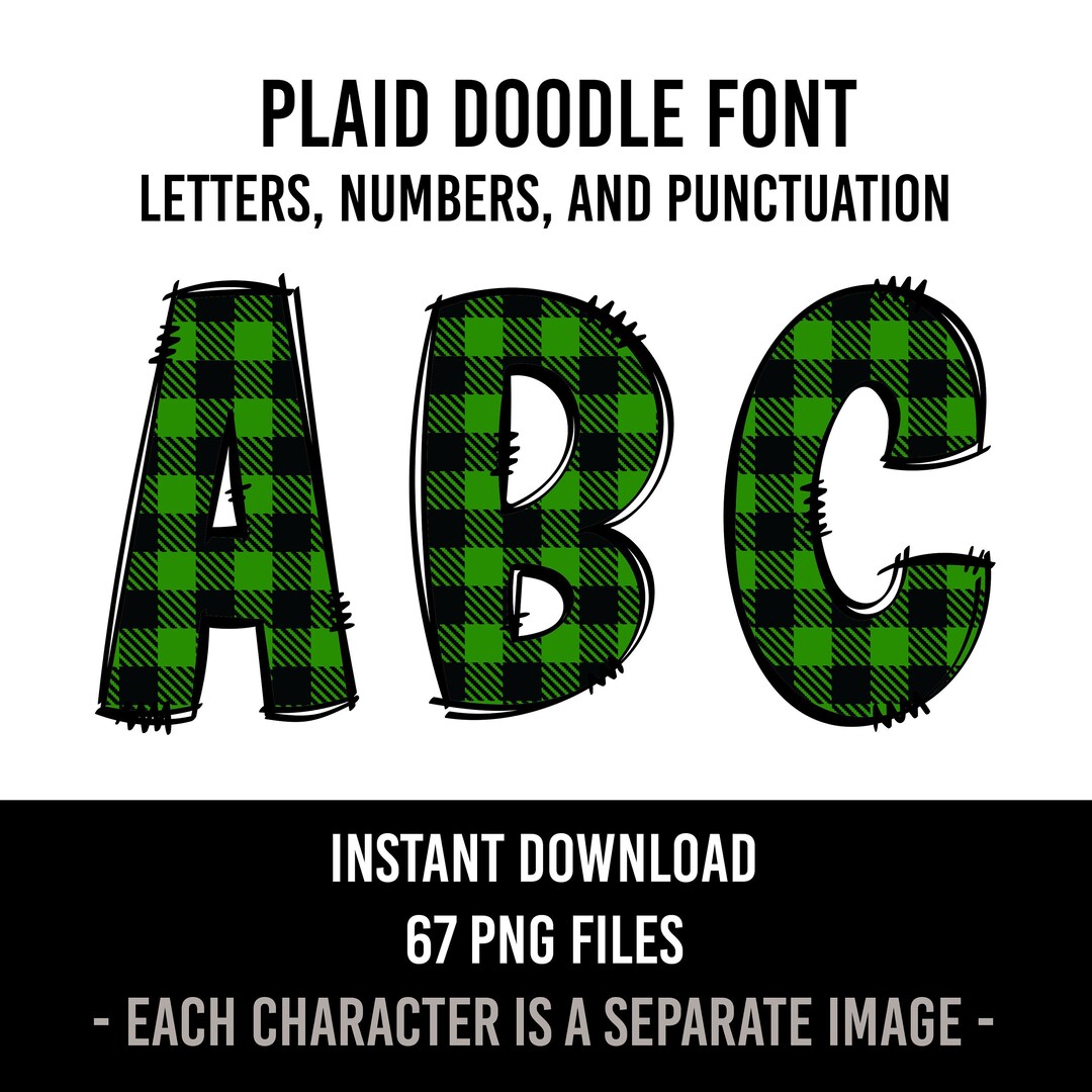 Green Plaid Print Alphabet Doodle Font Letters Buffalo Plaid Print Numbers PNG Font Print ...