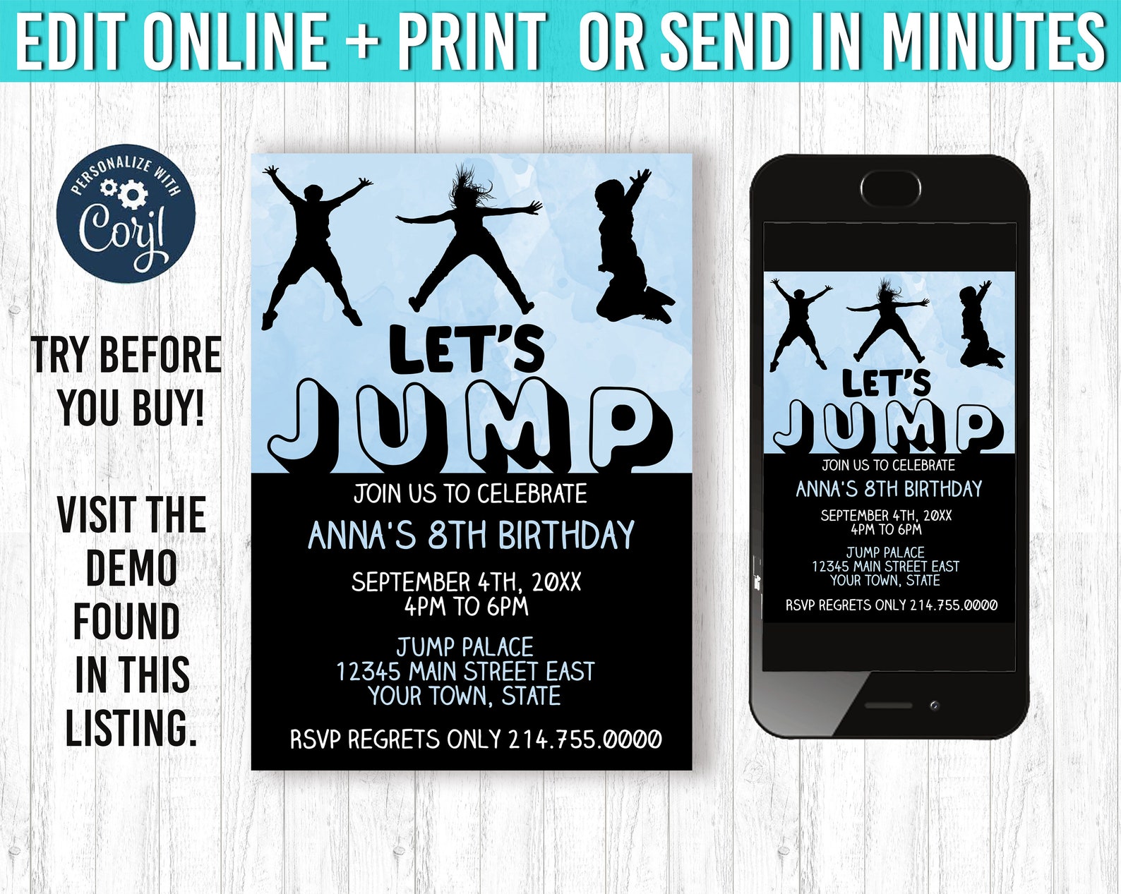 Jumping Invitation 5x7 Jump Birthday Invitation YOU EDIT and | Etsy
