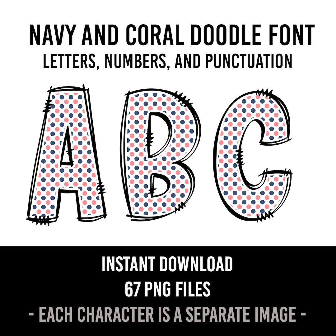 Navy and Coral Stripes Doodle Font, Pattern Abcs, 67 Characters, Fancy ...