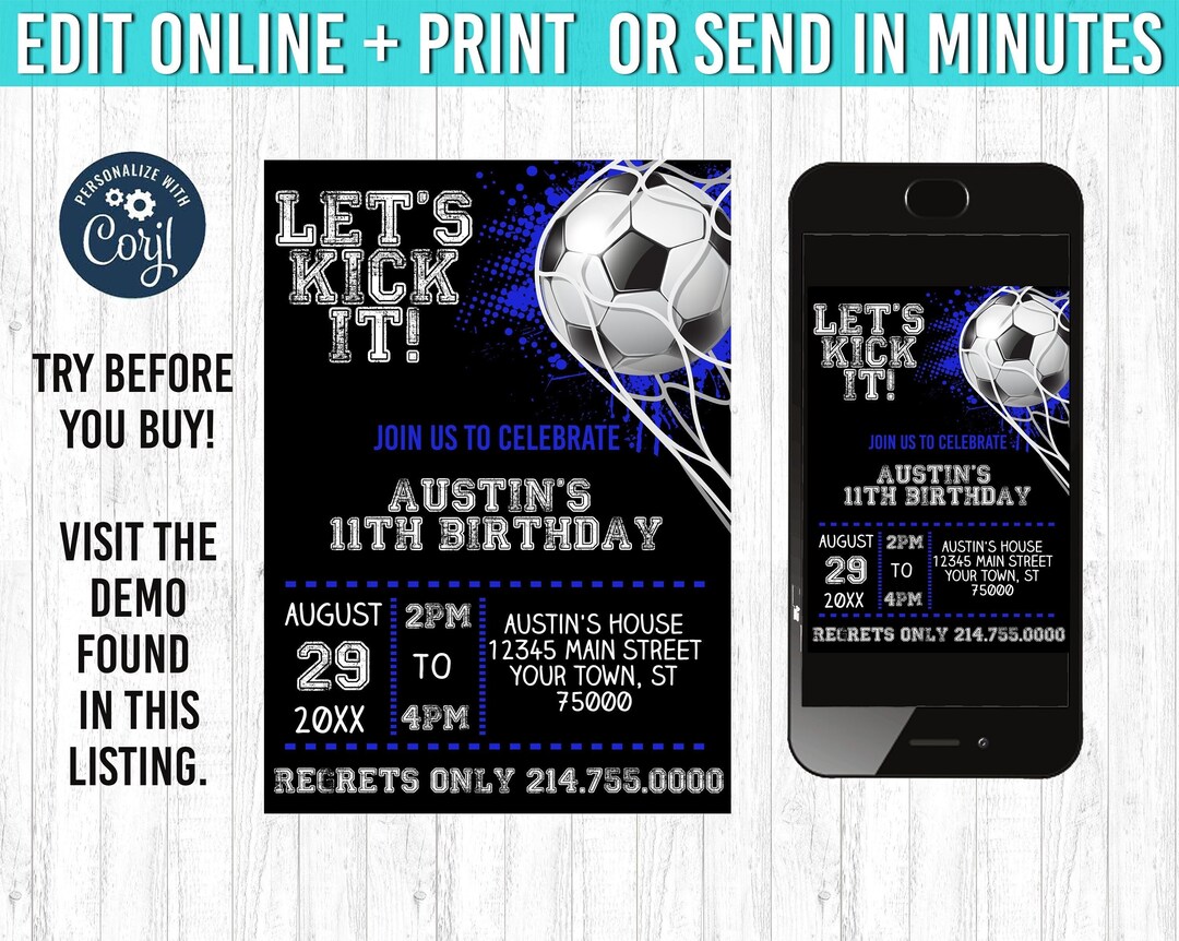 Blue Soccer Invitation 5x7 Soccer Birthday Invitation YOU Edit and ...