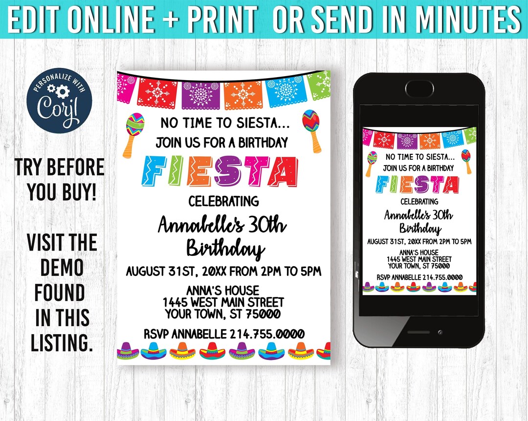 Fiesta Invitation Fiesta Birthday Invitation YOU EDIT and Print 5x7 ...