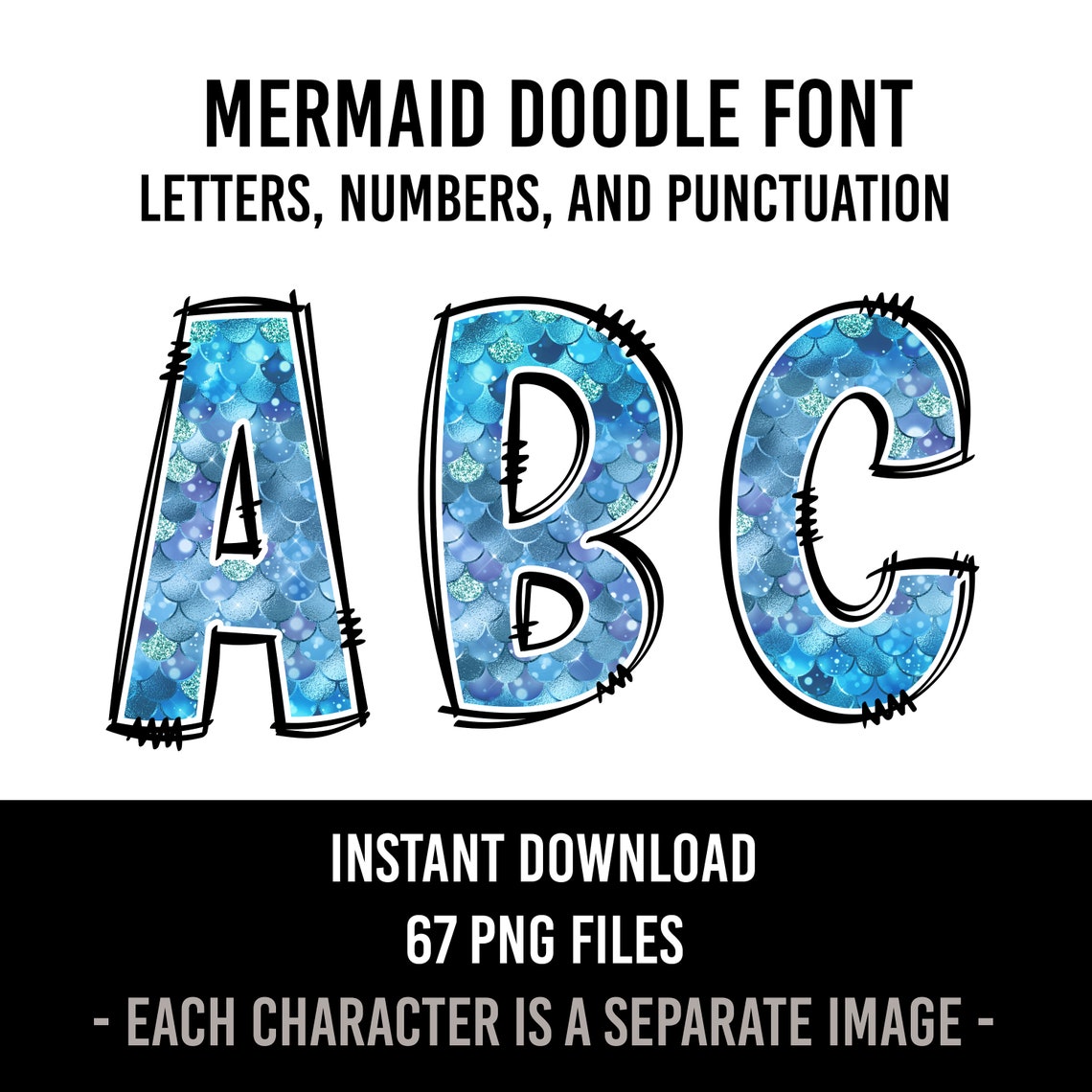 Mermaid Alphabet Doodle Font Letters Mermaid Numbers PNG Font Ocean ...