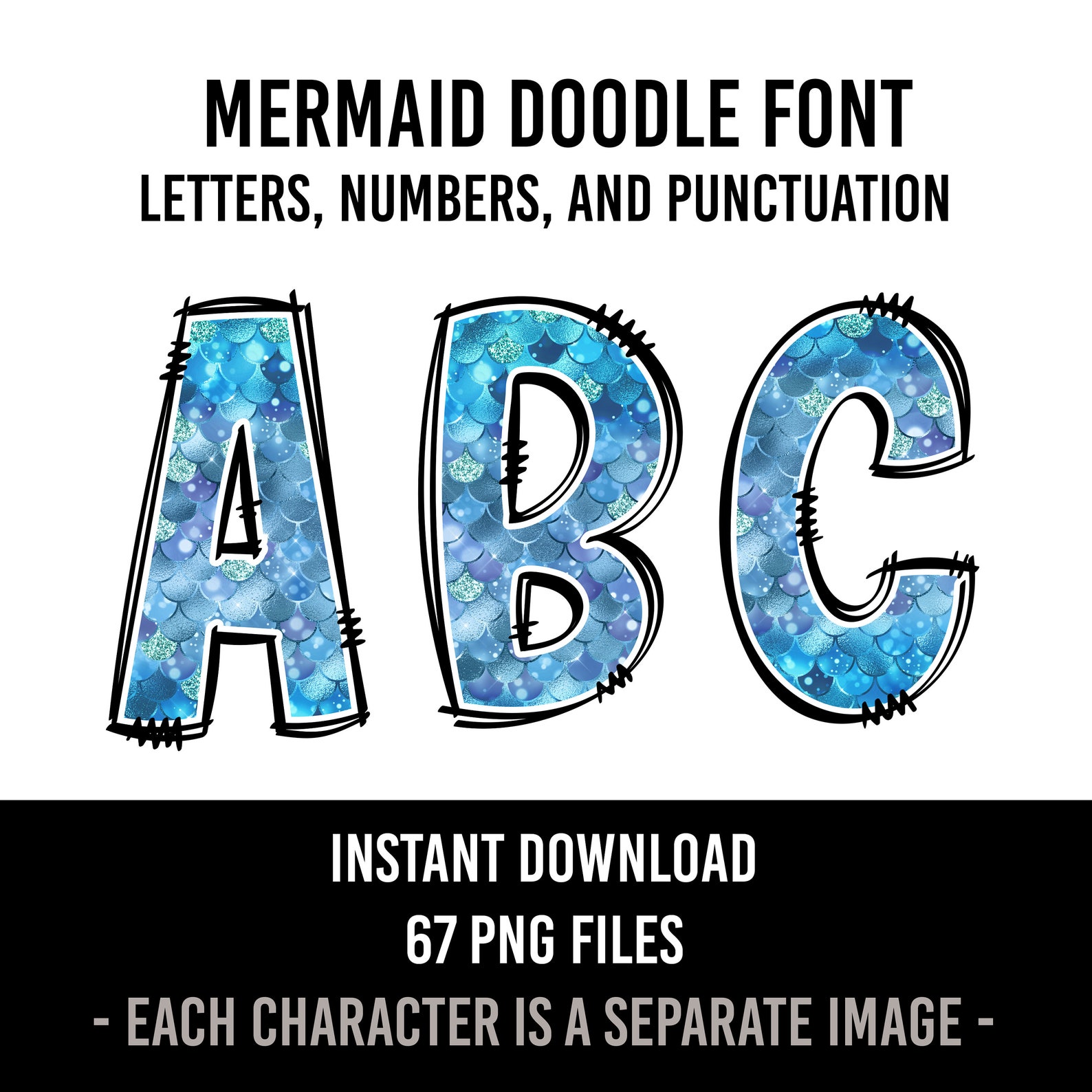 Mermaid Alphabet Doodle Font Letters Mermaid Numbers PNG Font Ocean ...