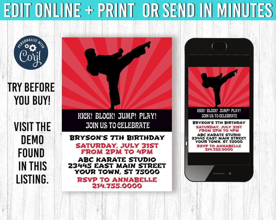 Karate Invitation 5x7 Taekwondo Birthday Invitation YOU EDIT and Print ...