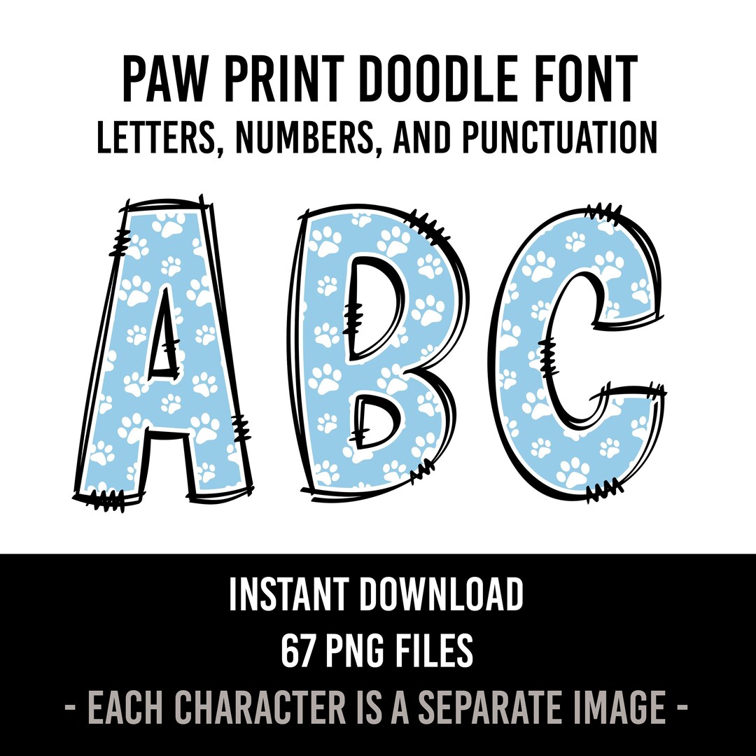 Light Blue Paw Print Alphabet Doodle Font Letters Dog Numbers Puppy ...