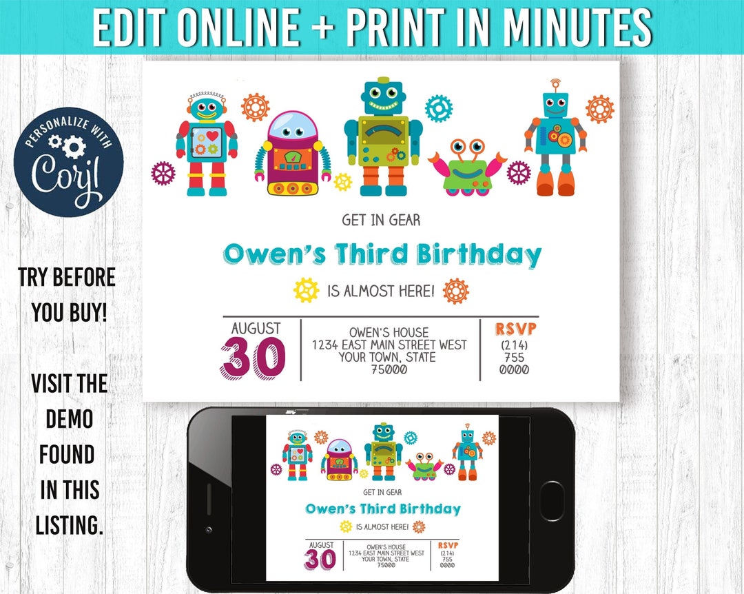 Robot Invitation 5x7 Robot Birthday Invitation YOU EDIT and Print 5x7 ...