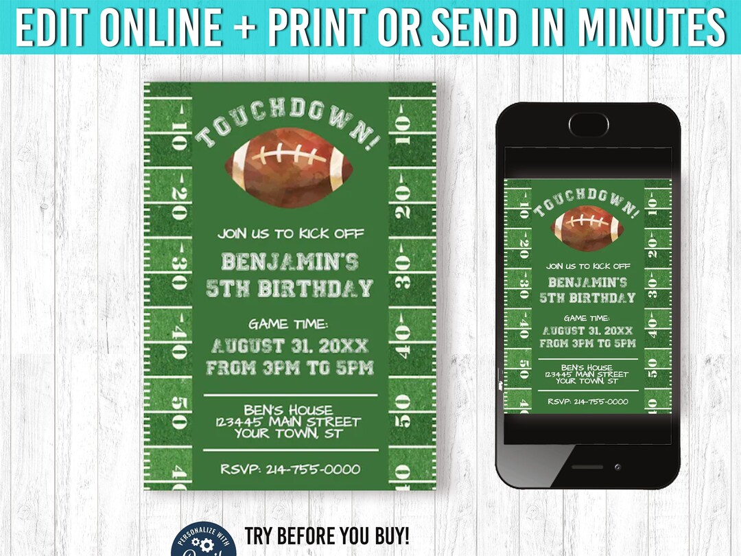 Football Invitation 5x7 Football Birthday Invitation Touchdown YOU Edit ...