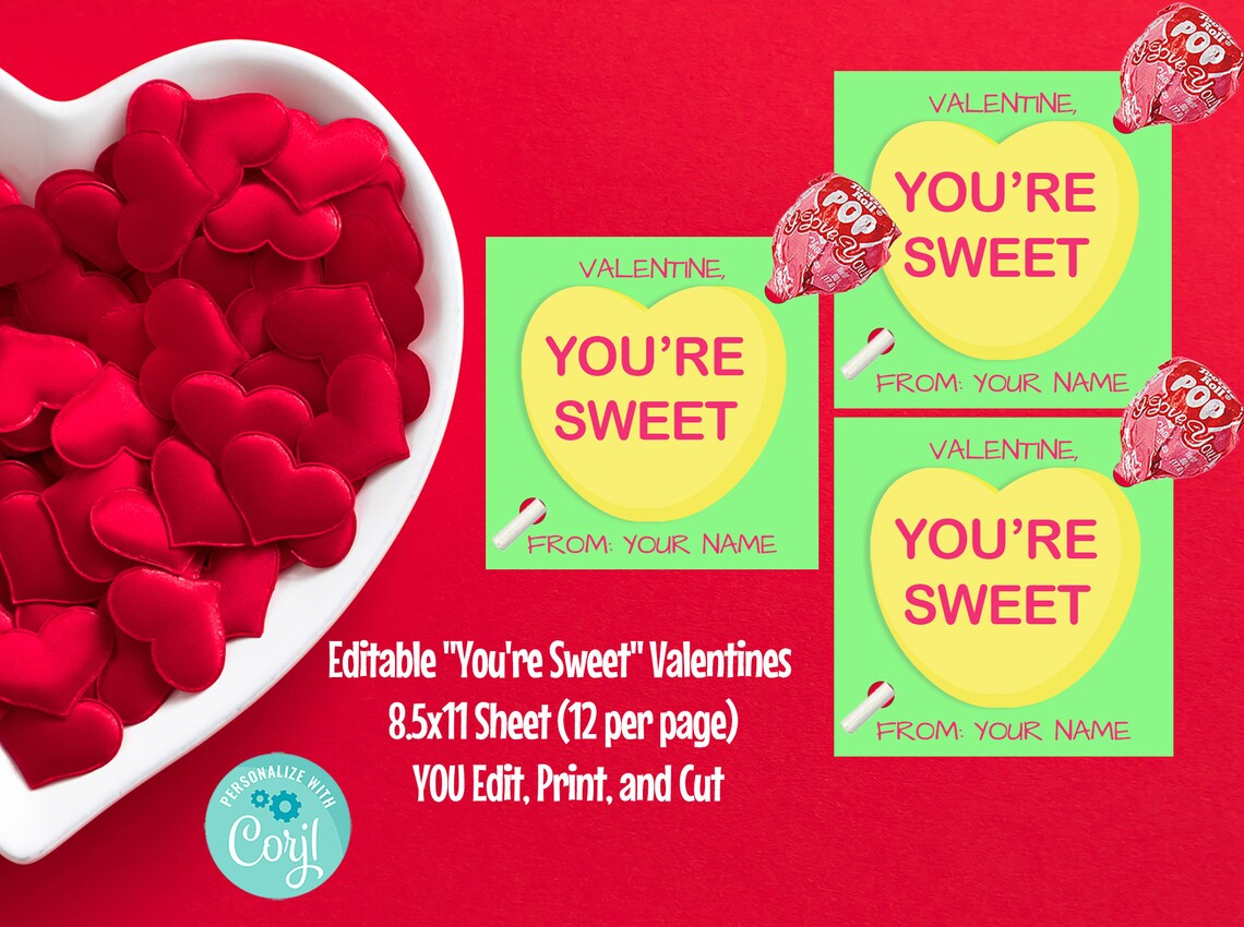 You're Sweet Printable Valentine Cards Candy Valentines - Etsy