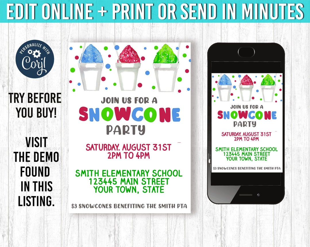 Snowcone Invitation 5x7 Snowcone Birthday Invitation YOU EDIT and Print ...