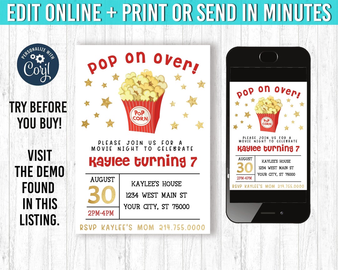 Red POPCORN Invitation Party Invitations You Edit and Print, MOVIE ...