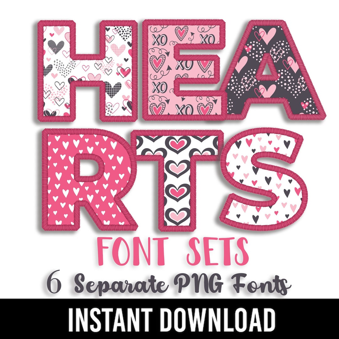 Digital Hears PNG Alphabets, 6 Pack Bundle, Faux Embroidery, Classic ...
