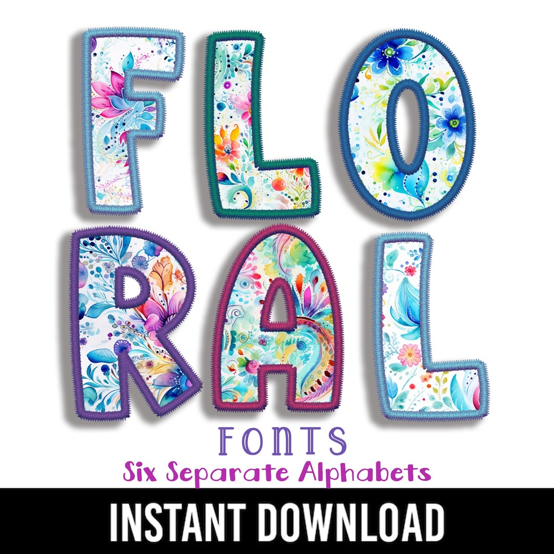 Digital Floral PNG Alphabets, 6 Pack Bundle, Faux Embroidery, Flower ...