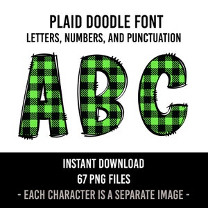 Neon Green Plaid Print Alphabet Doodle Font Letters Buffalo Plaid Print ...