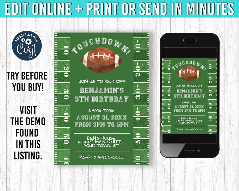 Football Invitation 5x7 Football Birthday Invitation Touchdown - Etsy