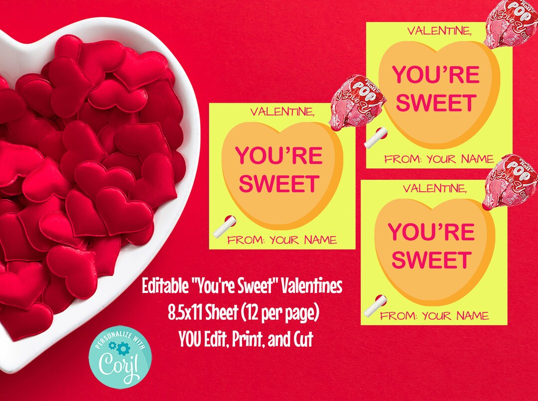 You're Sweet Printable Valentine Cards, Candy Valentines, Conversation ...