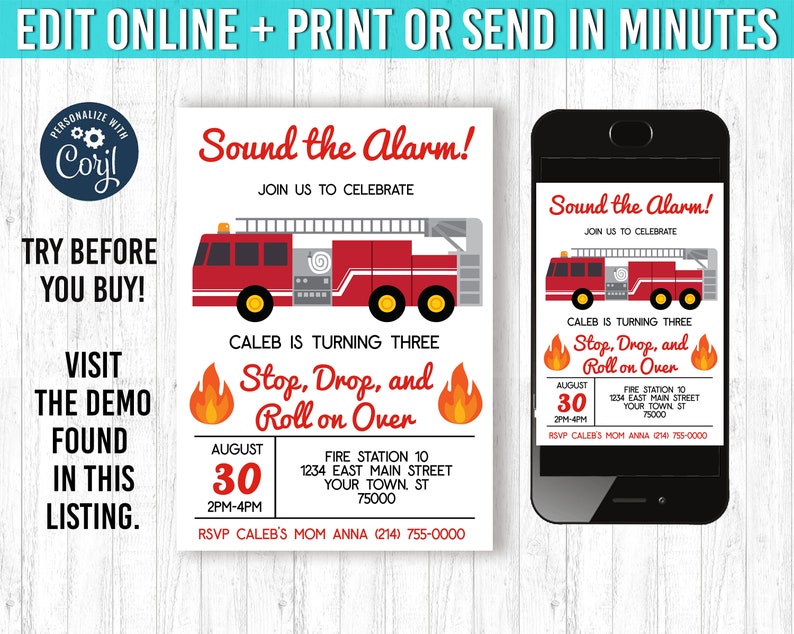 Firefighter Invitation 5x7 Firetruck Birthday Invitation YOU Edit and ...