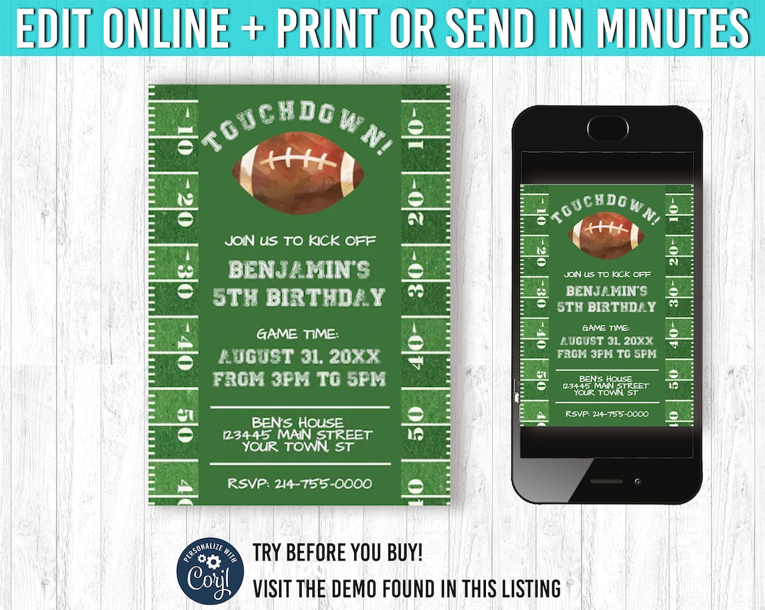 Football Invitation 5x7 Football Birthday Invitation Touchdown YOU Edit ...