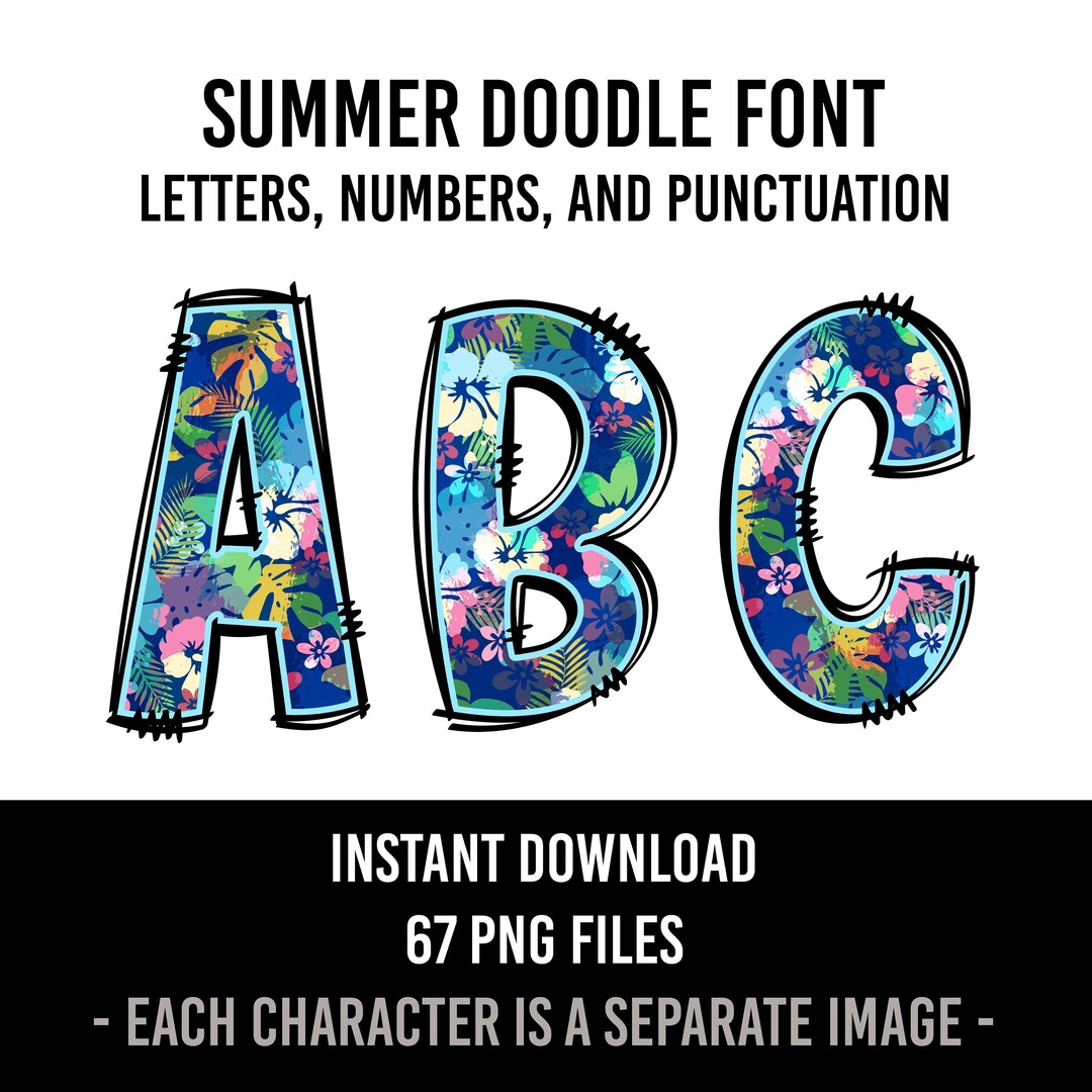 Summer Alphabet Doodle Font Letters Hawaiian Numbers PNG Tropical ...