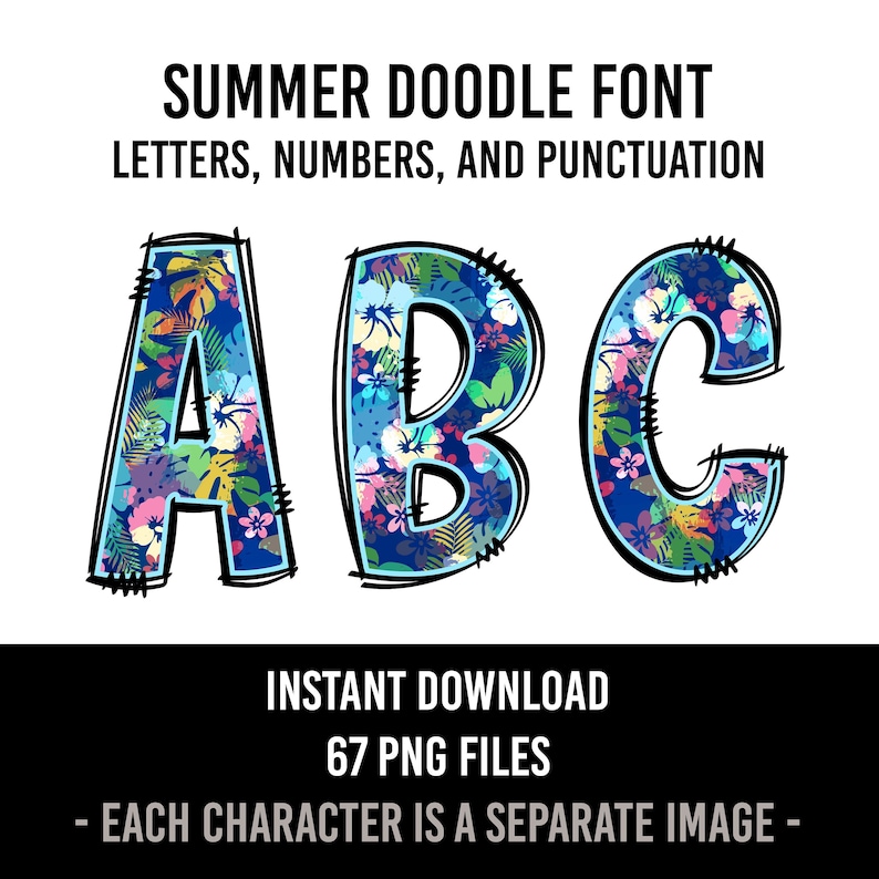Summer Alphabet Doodle Font Letters Hawaiian Numbers PNG Tropical ...