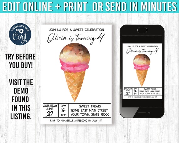 Editable Ice Cream Invitation Ice Cream Birthday Invitation | Etsy
