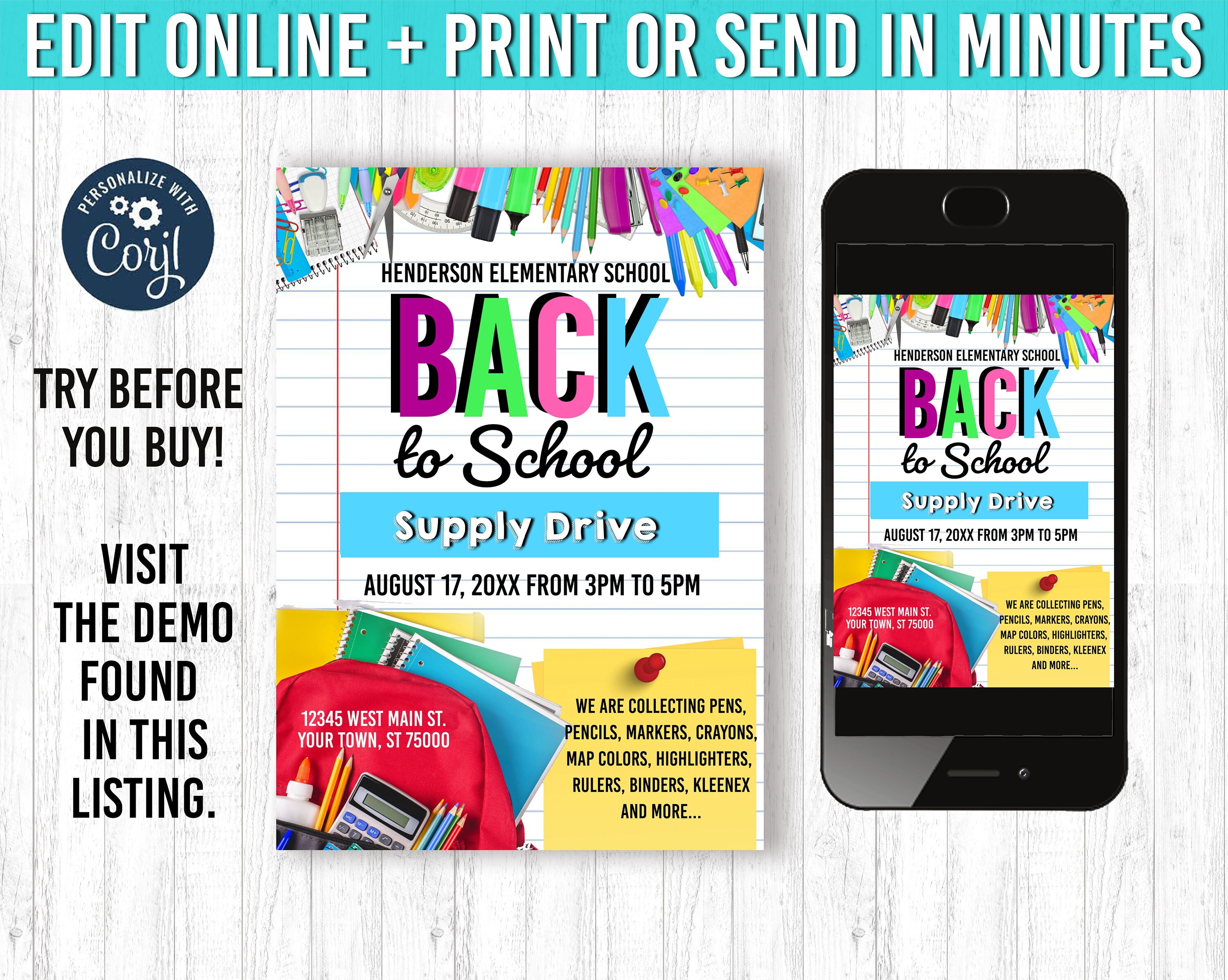 EDITABLE Back to School Supply Drive Flyer, Printable PTA PTO Flyer ...