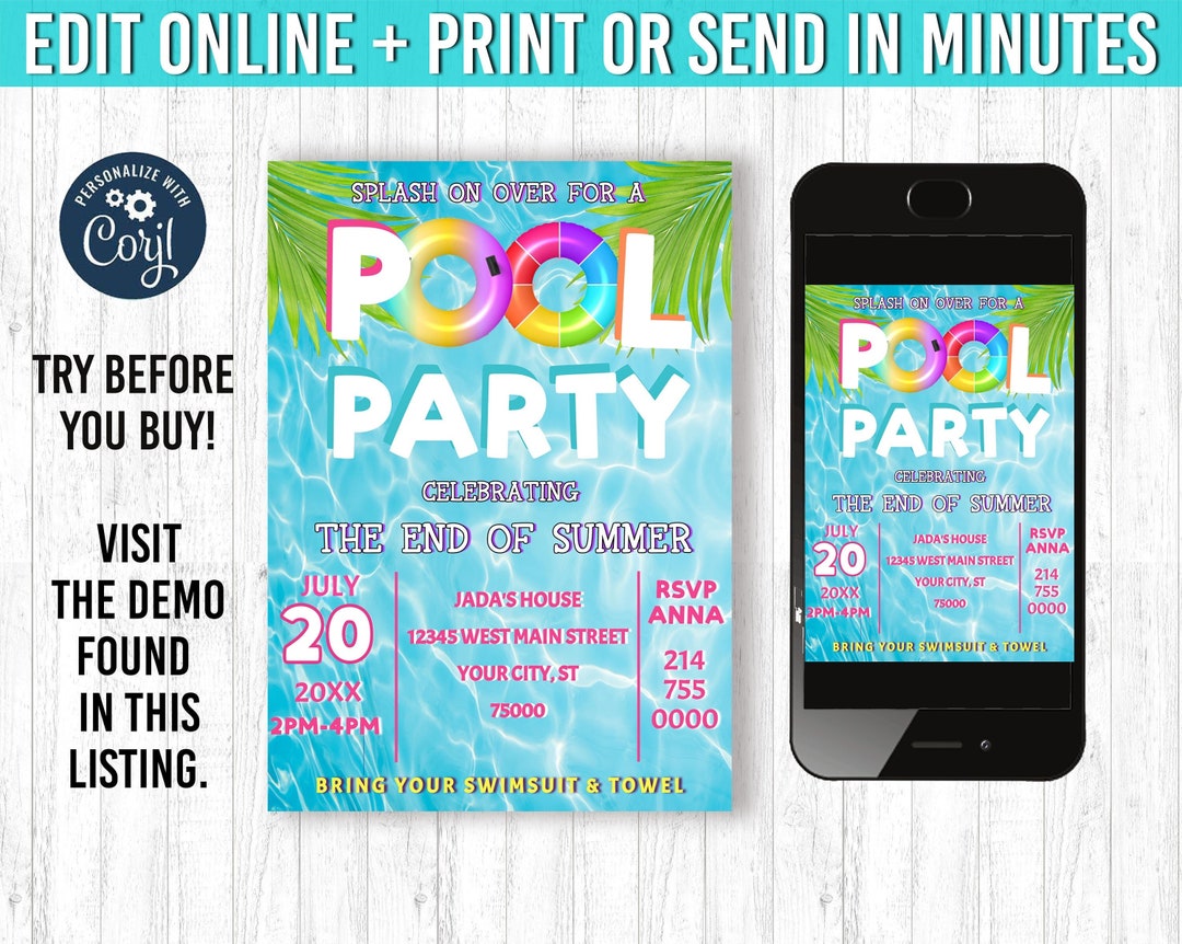 Pool Party Invitation 5x7 Pool Invitation YOU EDIT and Print Pool Party ...