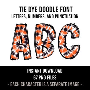 Orange and Black Tie Dye Alphabet Doodle Font Letters Tiedye Numbers ...