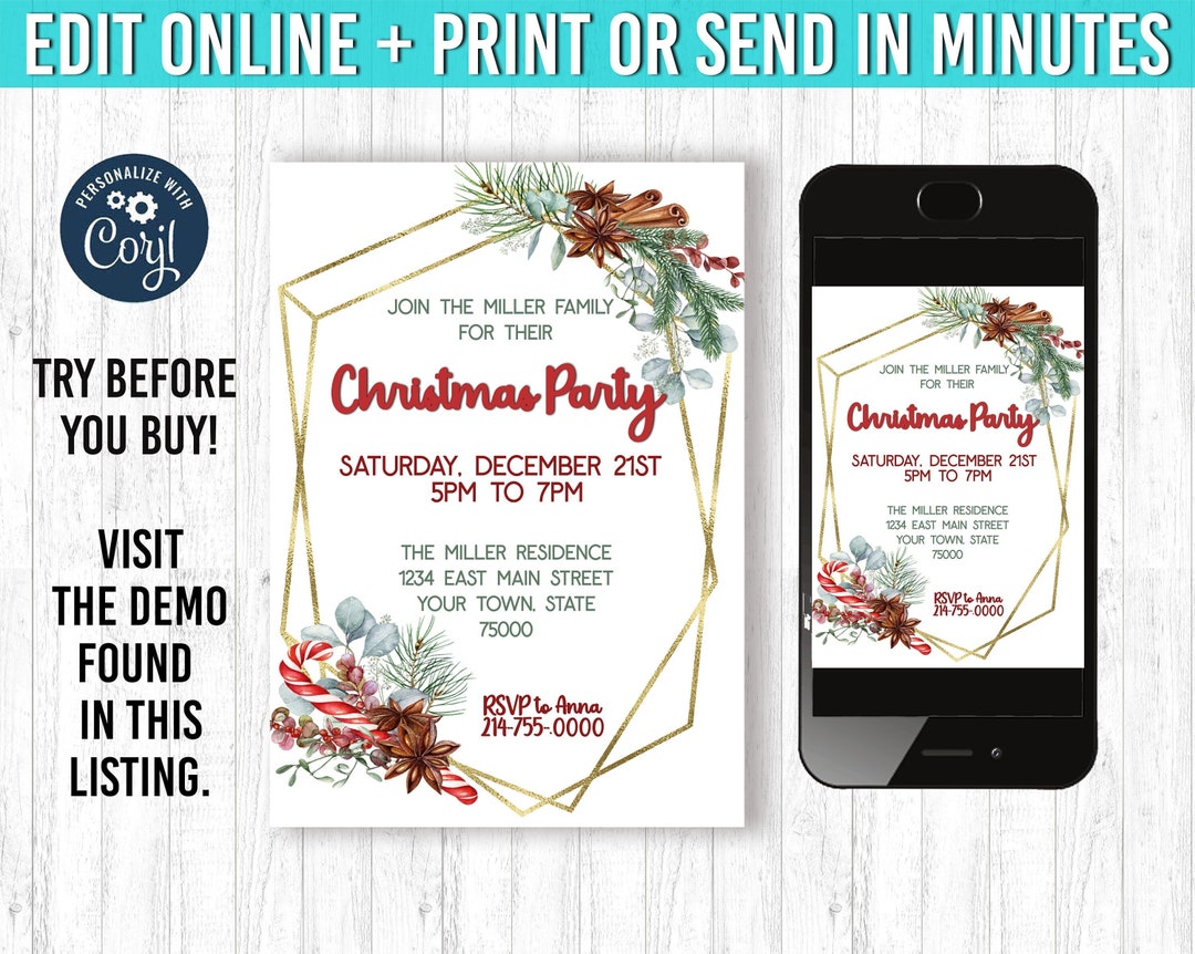 Boho Christmas Party Invitation 5x7 Rustic Holiday Party Invite ...