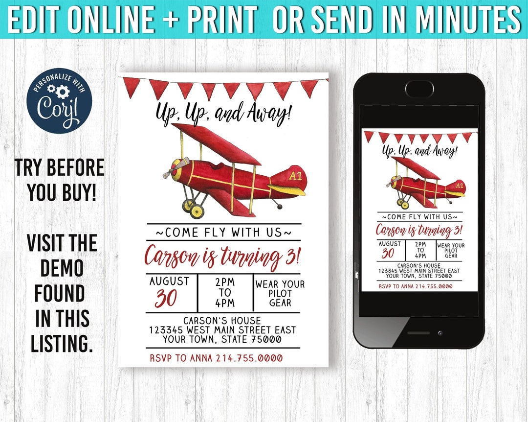 Watercolor Airplane Invitation Invitations Plane Birthday Airplane ...