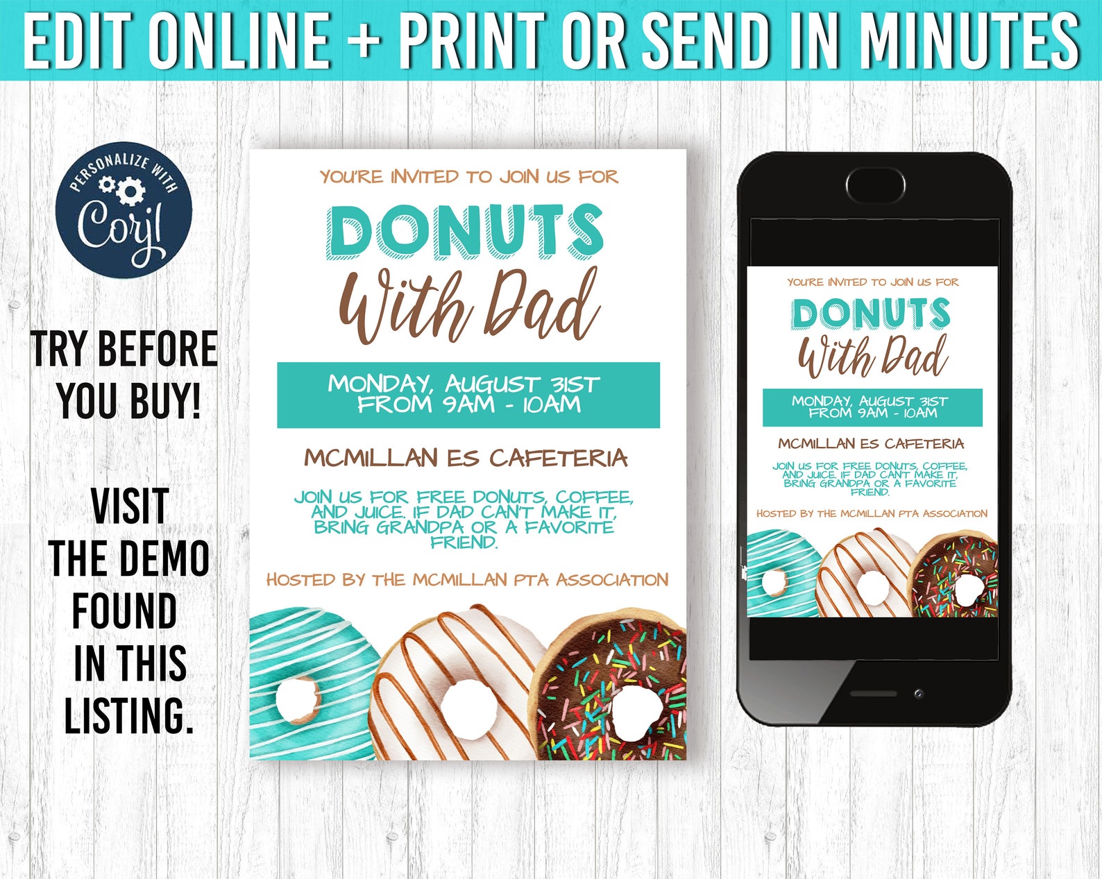 Donuts With Dad Invitation, 5x7, PTA Event Flyer, Donuts With Dudes ...