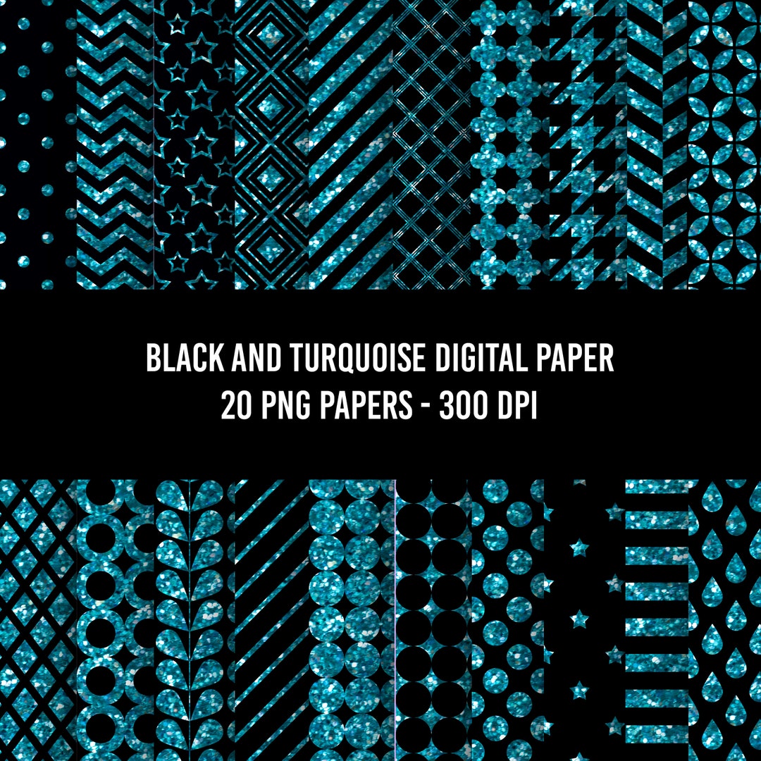 Black and Turquoise Digital Paper, Glitter Digital Paper, Digital ...