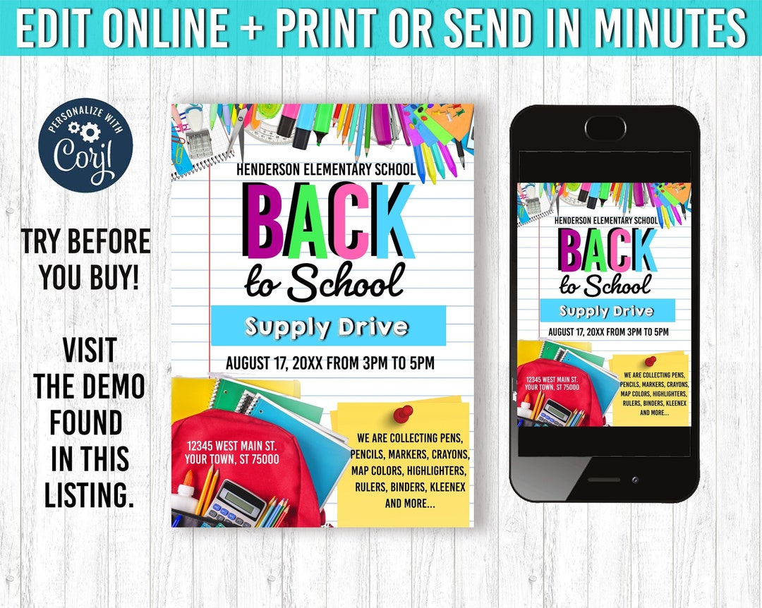 EDITABLE Back to School Supply Drive Flyer, Printable PTA PTO Flyer ...