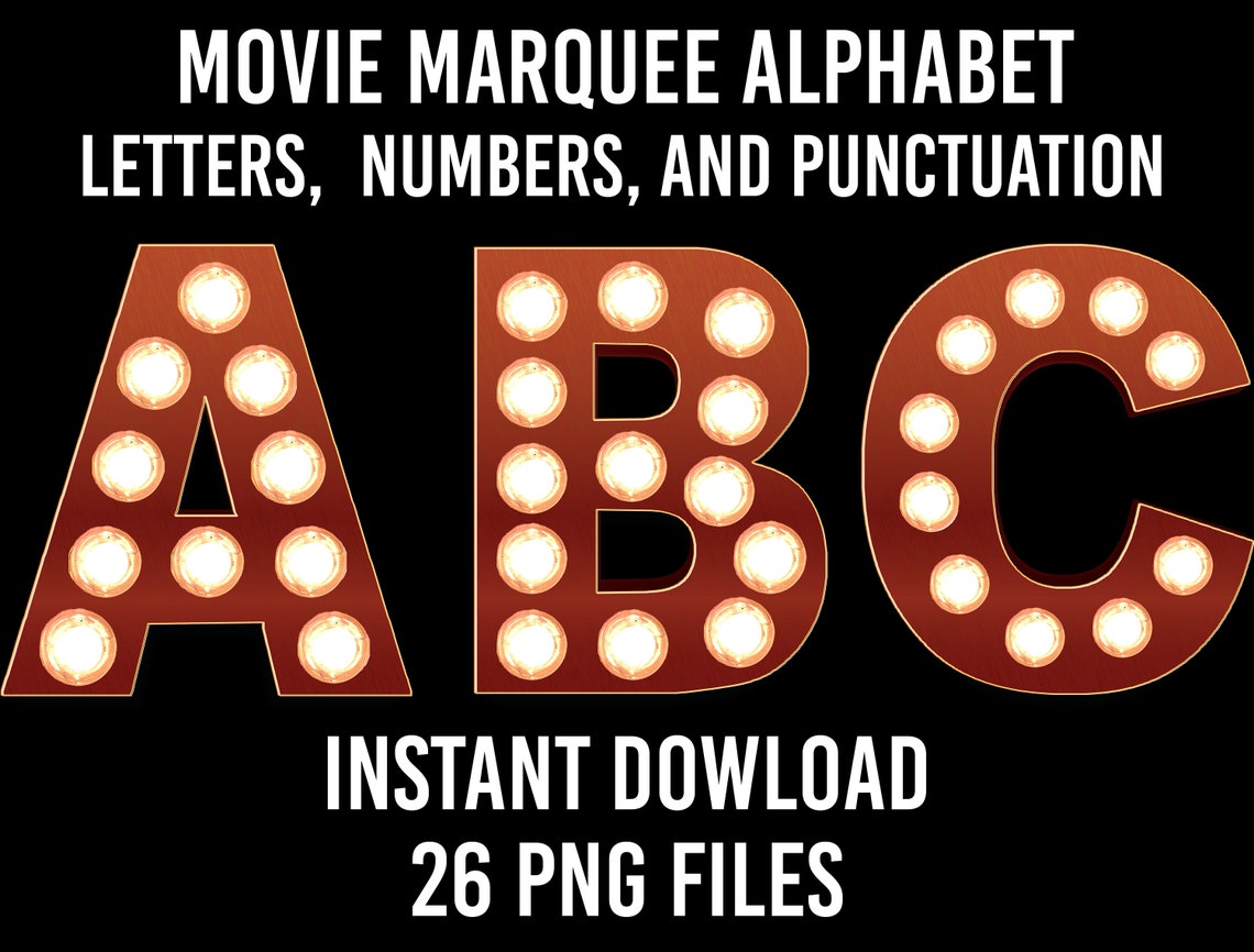 Movie Marquee Lights Alphabet 26 Letters, PNG Sublimation Marquee ...