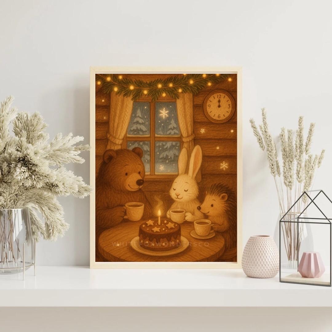 Cozy Winter Cabin Print, Bear, Bunny & Hedgehog - Woodland Animal Art ...