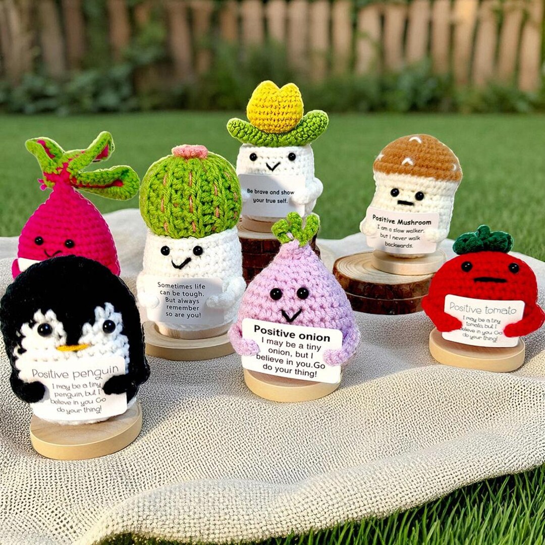 Positive Crochet Mushroom, Crochet Desk Buddy, Emotional Support Onion ...