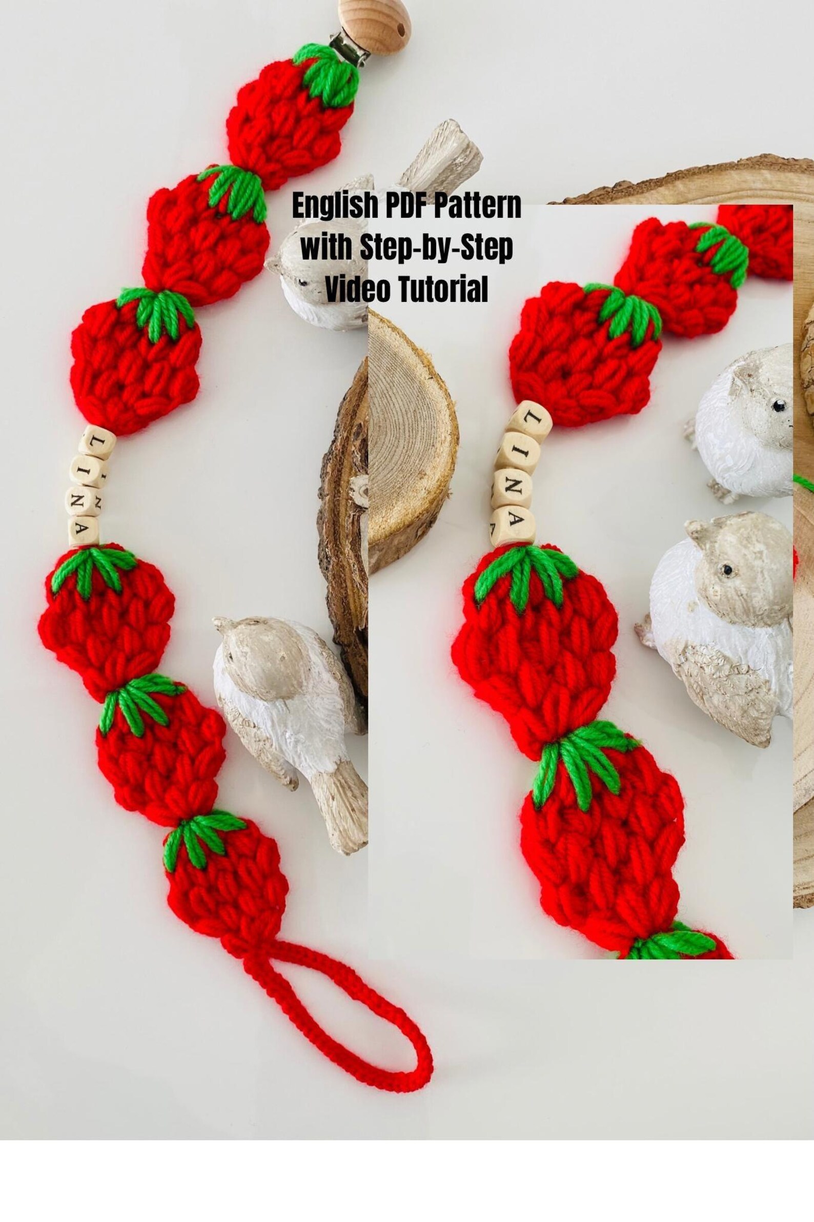 Crochet Strawberry Pacifier Clip Pattern With Video (PDF Pattern) - Etsy