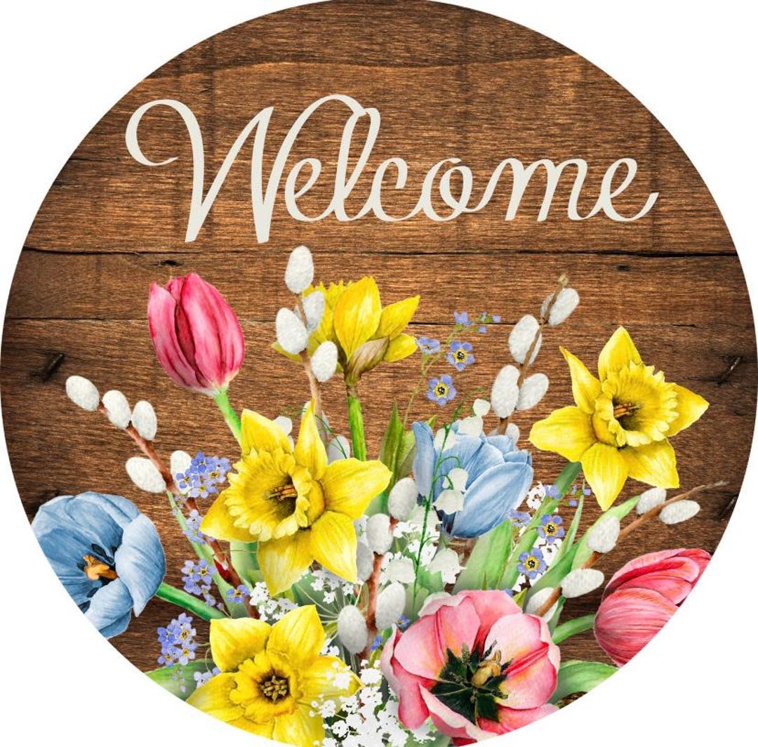 Spring Floral Welcome Sign: Rustic Wood Look Metal Door Hanger - Etsy