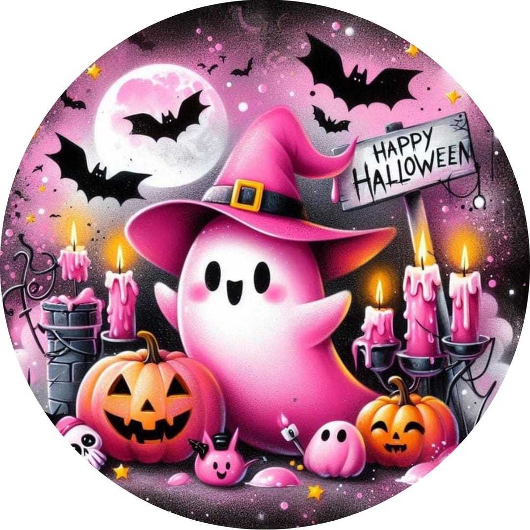 Pink Ghost Halloween Sign | Witch Ghost Wreath Sign | Pastel Halloween ...